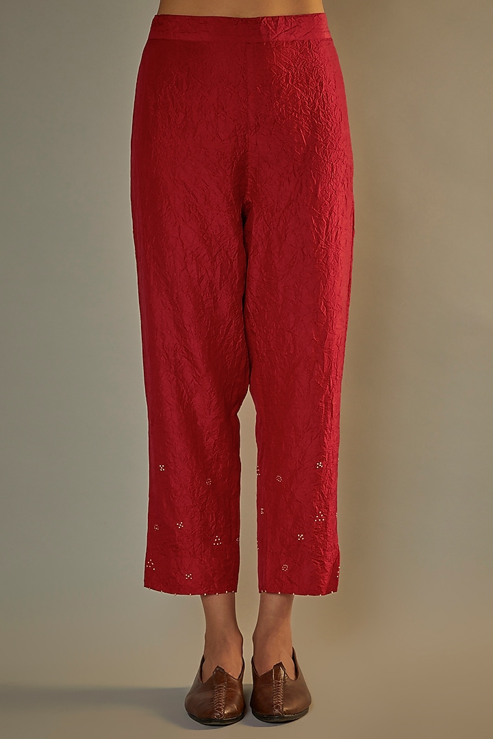 Red Mulberry Silk Hand Embroidered Kurta Set by Divyam Mehta at Pernia ...