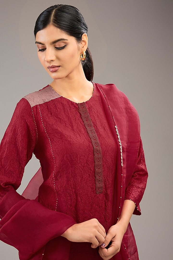 Red Crushed Mulberry Silk Bead Work Color-Blocked Kurta Set by Divyam Mehta at Pernia's Pop Up ...