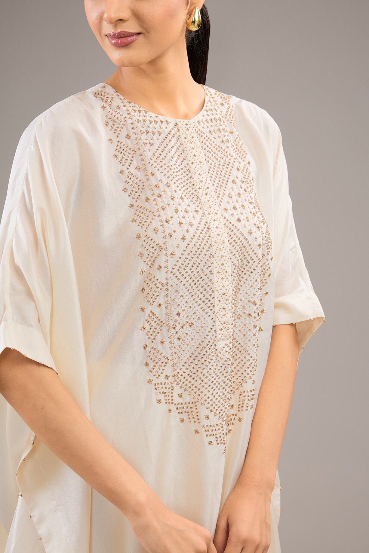 Badami Beige Mulberry Silk Bead Embroidered Kaftan Set by Divyam Mehta ...