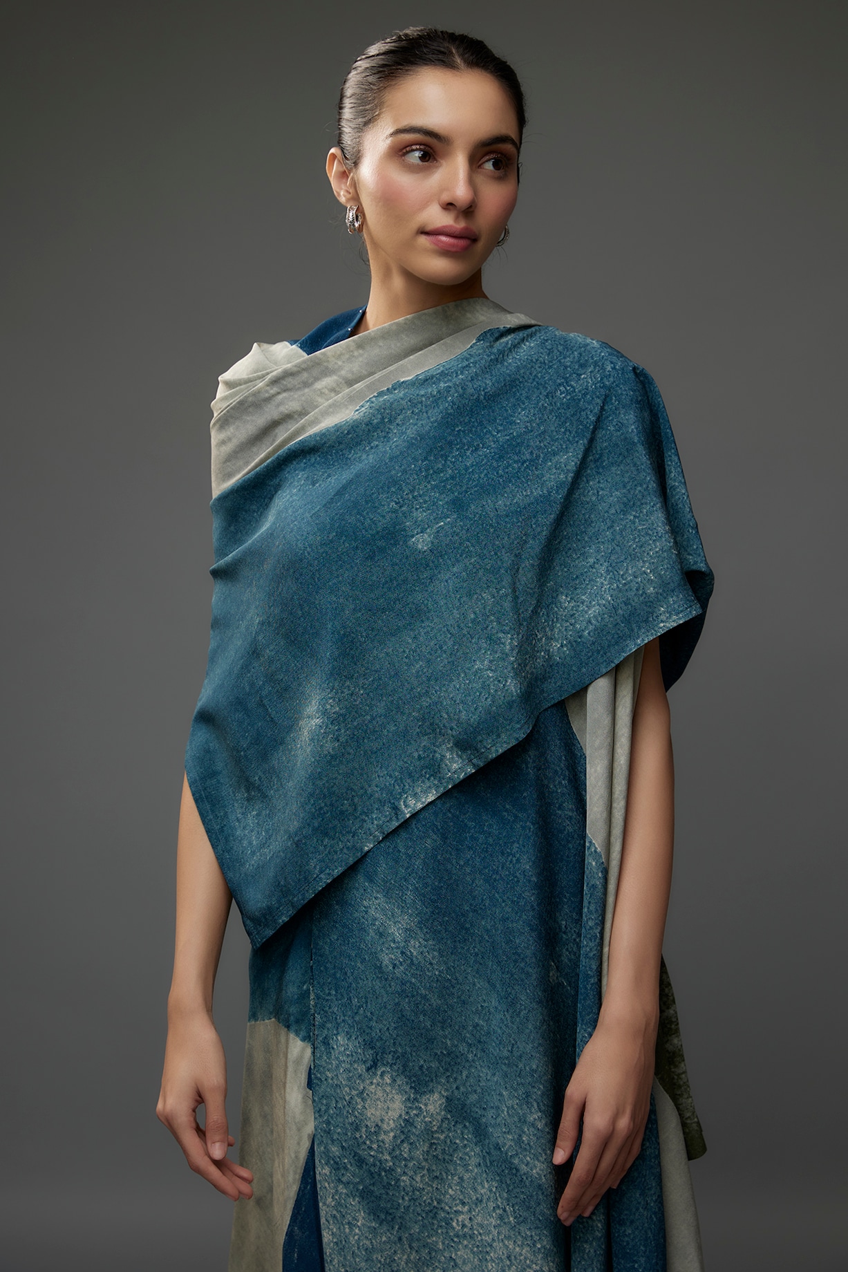 Petrol Blue Silk Crepe Draped Dress by Divyam Mehta at Pernia's Pop Up ...