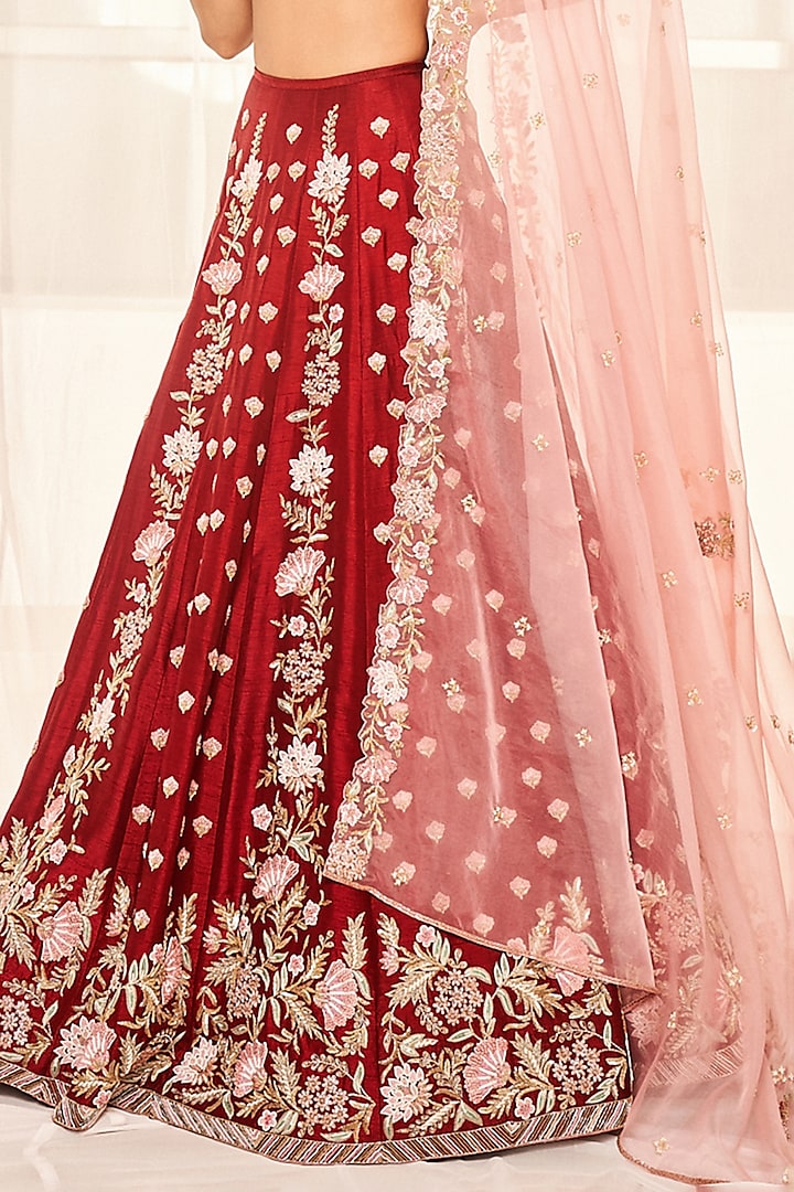 Blood Red Dupion Silk Resham & Zardosi Embroidered Wedding Lehenga Set ...