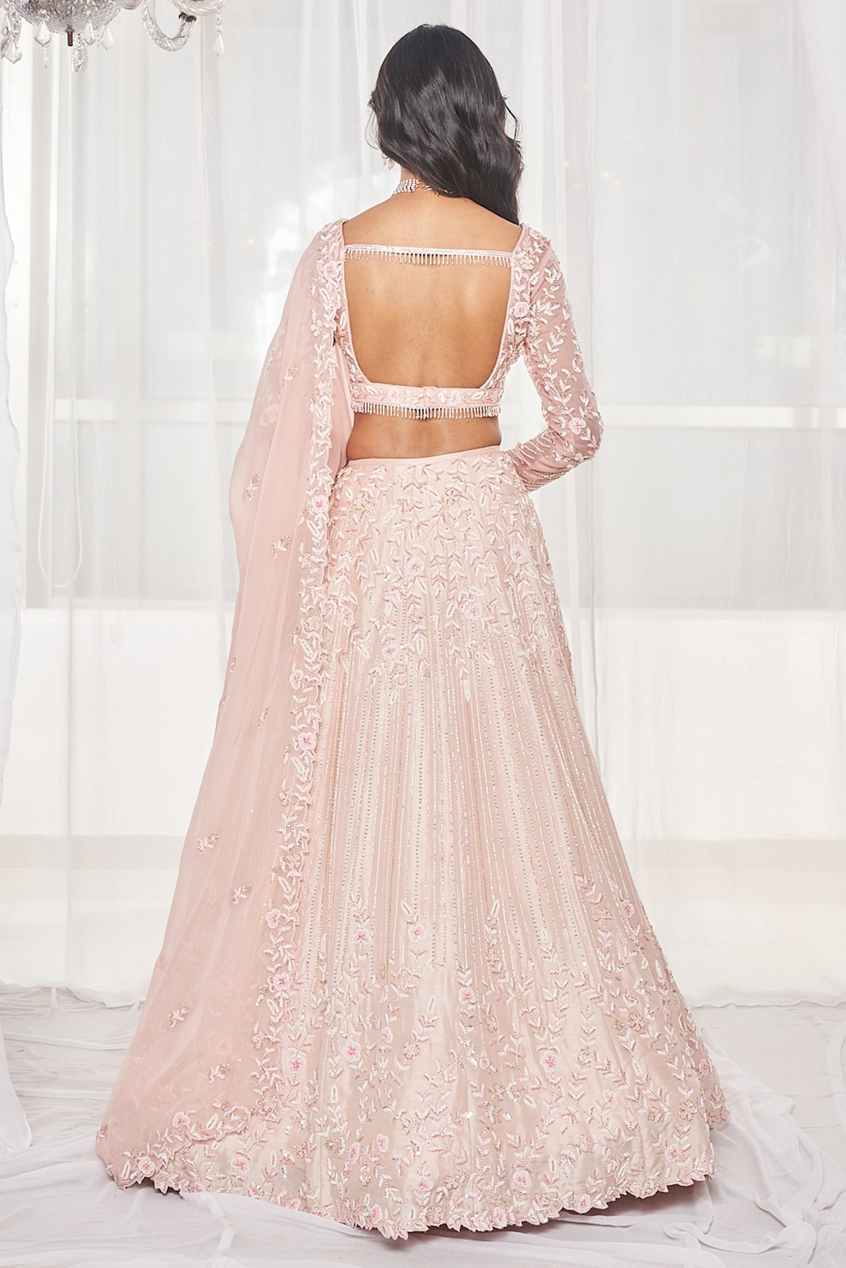 Light Pink Dupion Silk Pearl & Resham Embroidered Wedding Lehenga Set ...