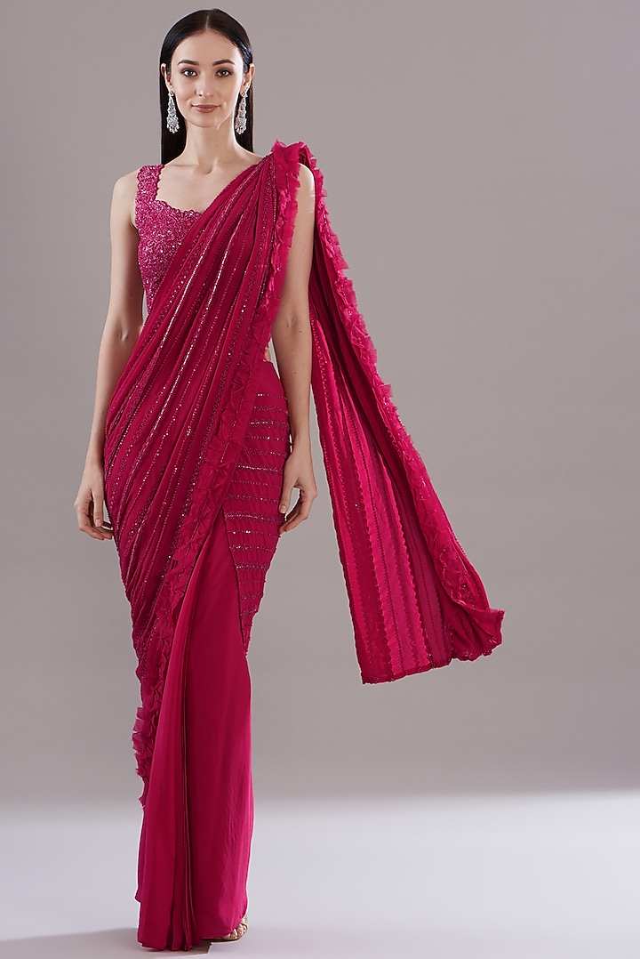 Cherry Red Organza Draped Saree Set Design by Disha Patil at Pernia's ...