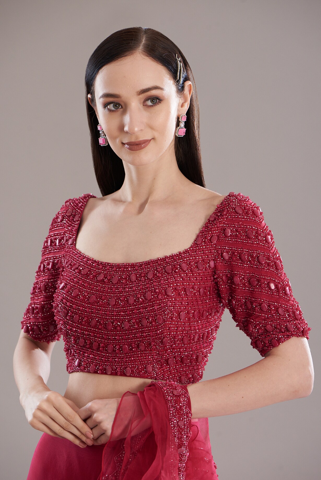 Red Organza & Raw Silk Draped Saree Set by Disha Patil at Pernia's Pop Up Shop 2025