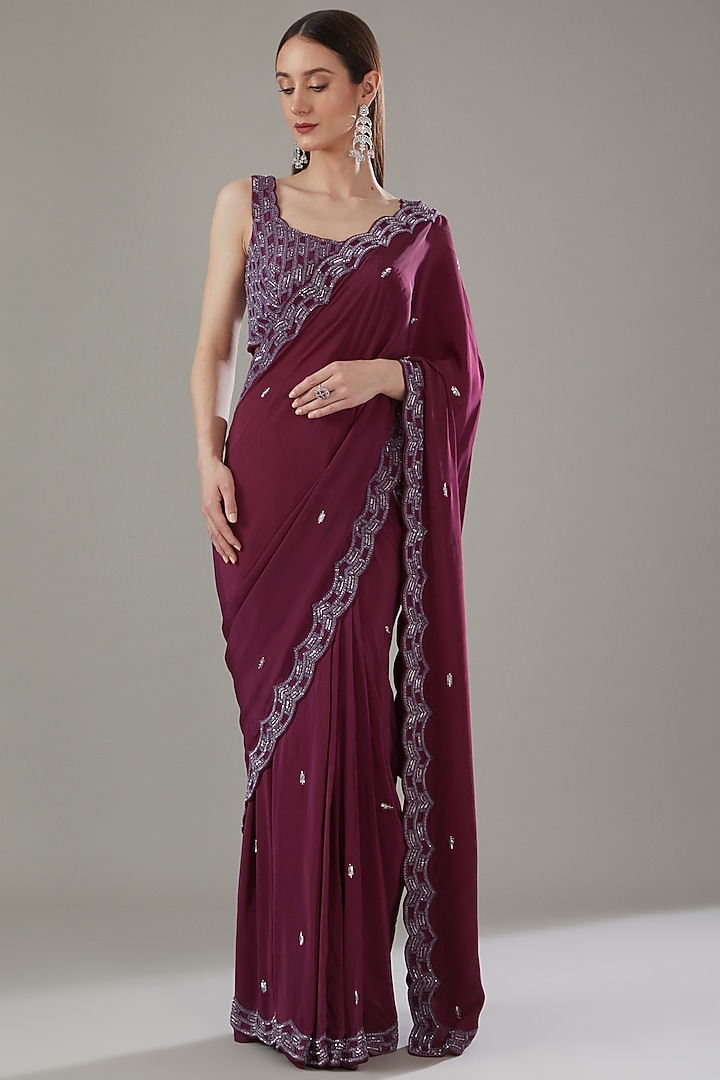 Wine Crepe Embellished Draped Saree Set by Disha Patil at Pernia's Pop ...