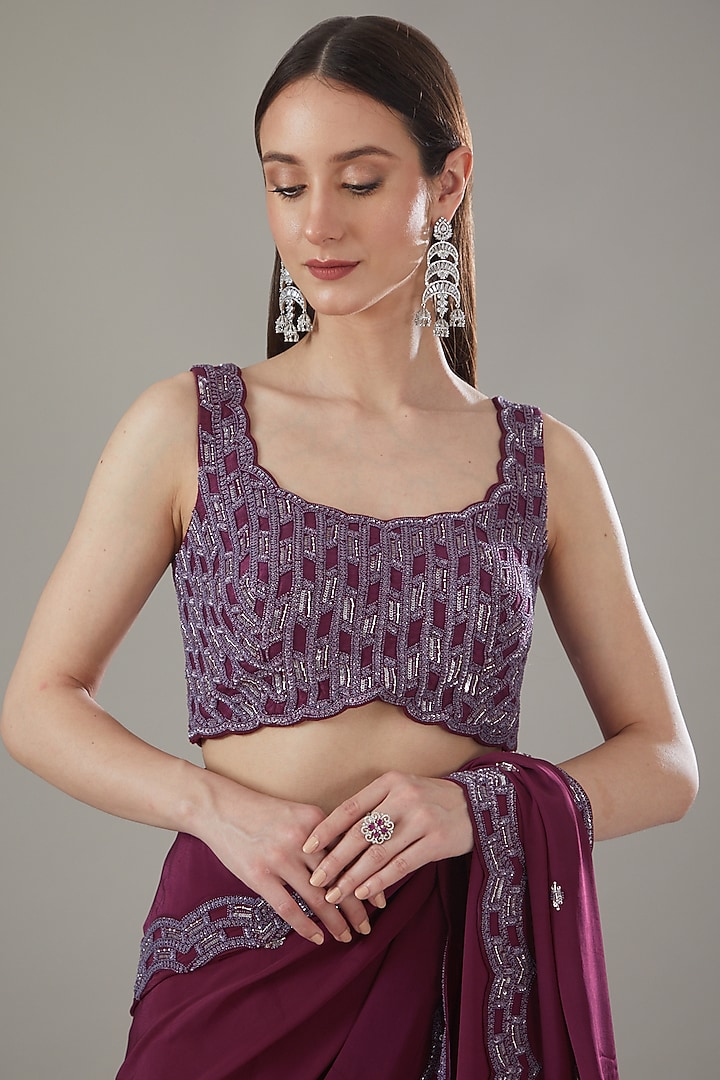 Wine Crepe Embellished Draped Saree Set by Disha Patil at Pernia's Pop Up Shop 2024