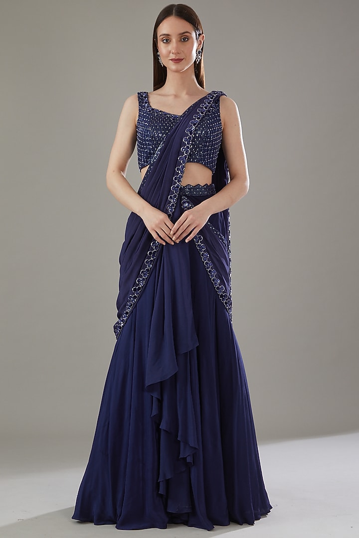 Blue Crepe Embroidered Draped Skirt Saree Set by Disha Patil at Pernia ...