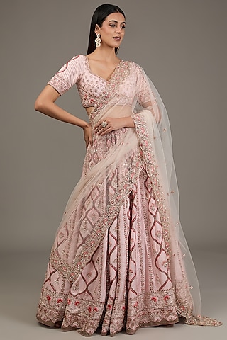 Powder Pink Raw Silk Hand Embellished Bridal Lehenga Set by Disha Patil ...