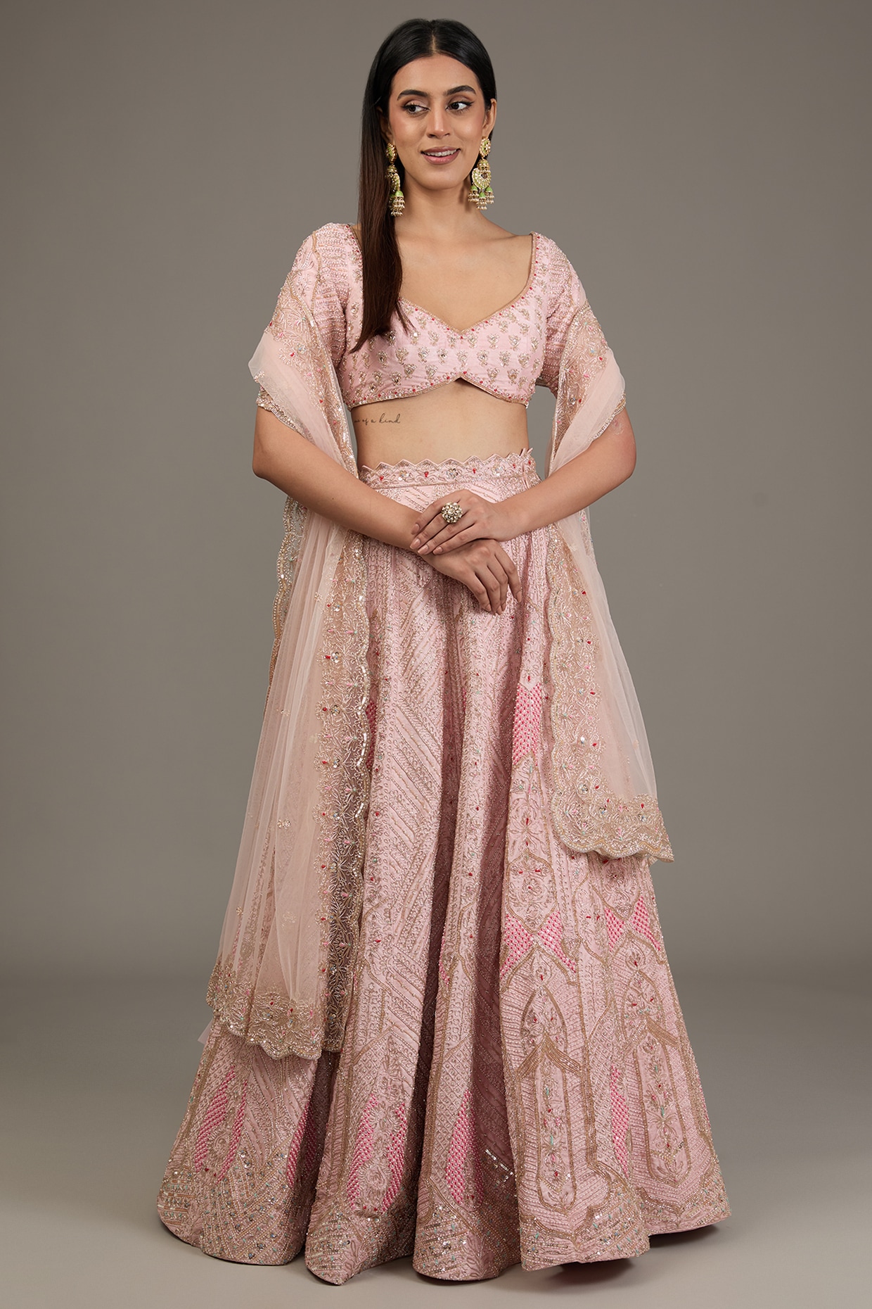 Powder Pink Raw Silk Hand Embellished Bridal Lehenga Set by Disha Patil ...