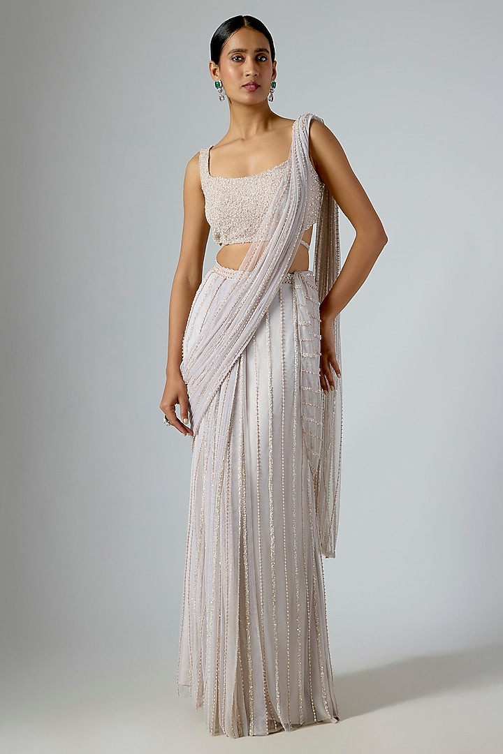 Grey Soft Net Embellished Draped Reception Saree Set by Disha Patil at ...