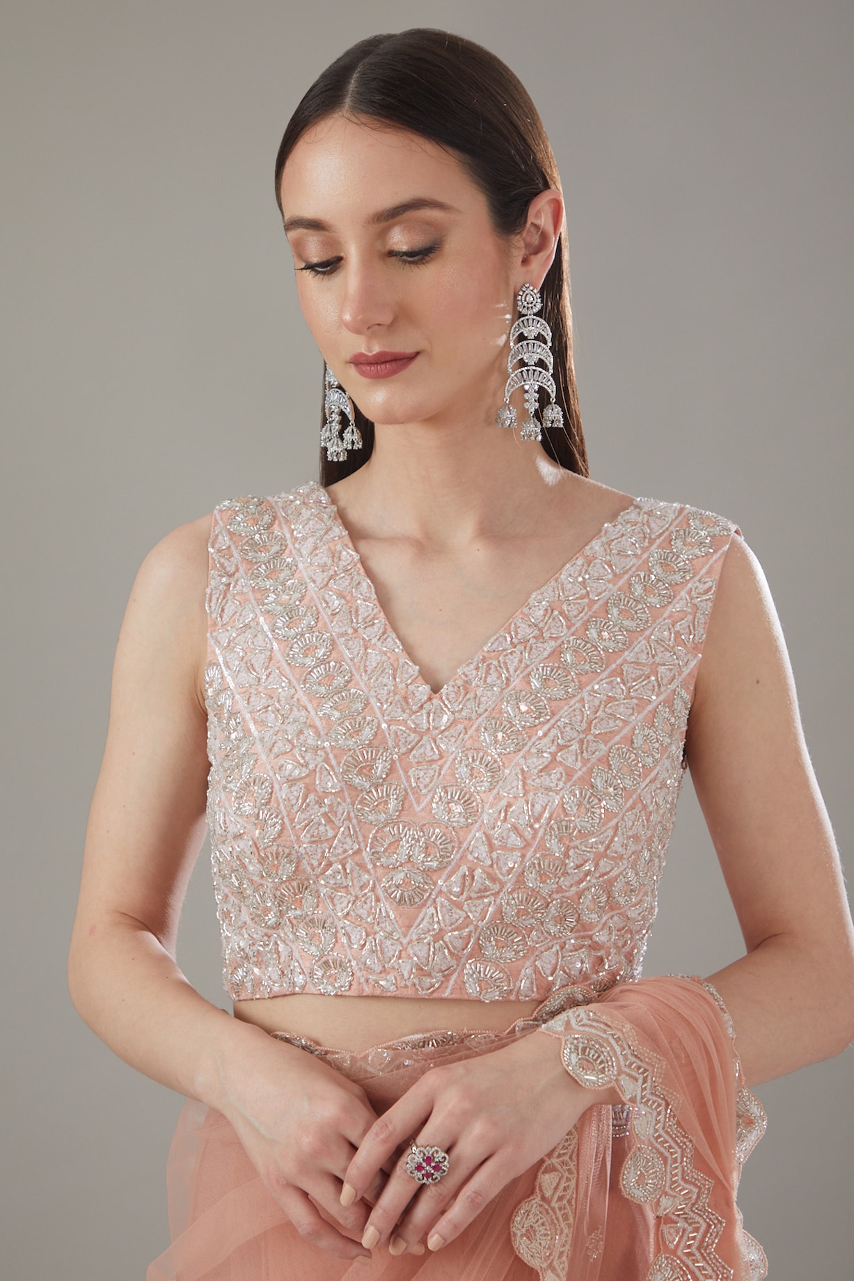 Peach Net Embellished Draped Saree Set by Disha Patil at Pernia's Pop Up Shop 2025