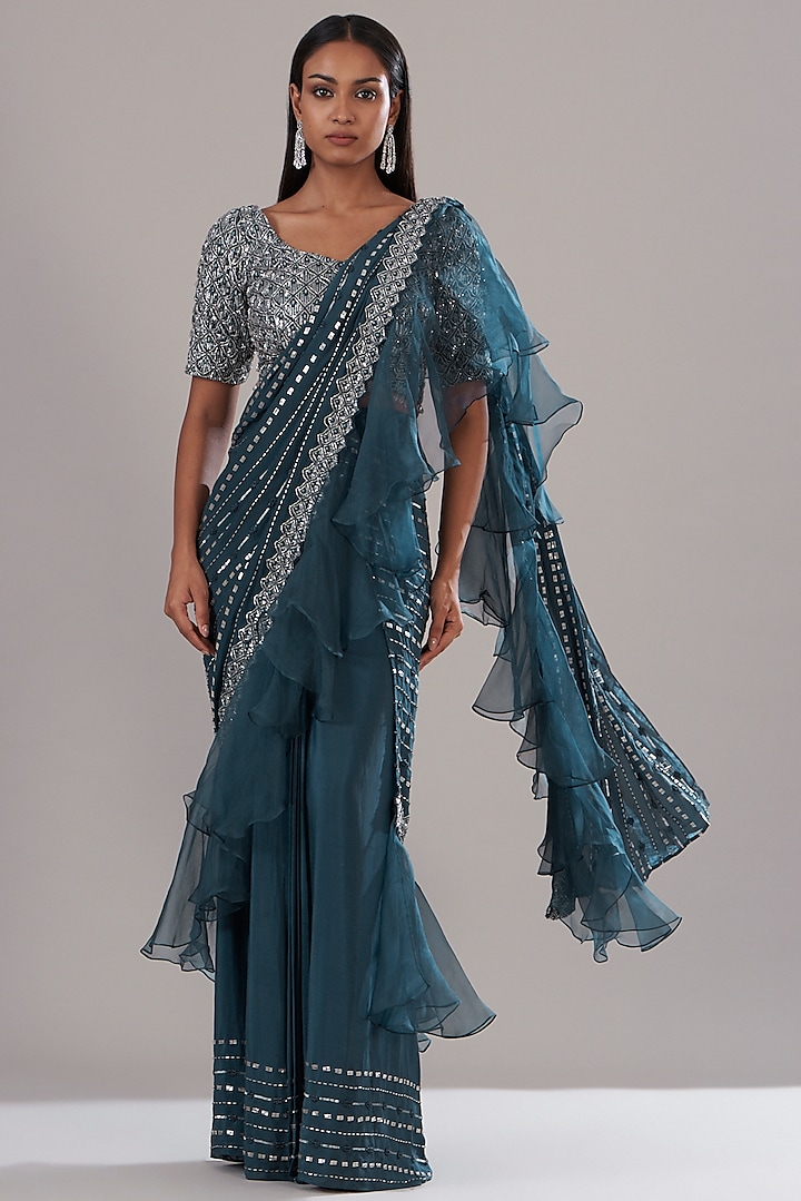 Teal Crepe Embellished Draped Saree Set by Disha Patil at Pernia's Pop ...