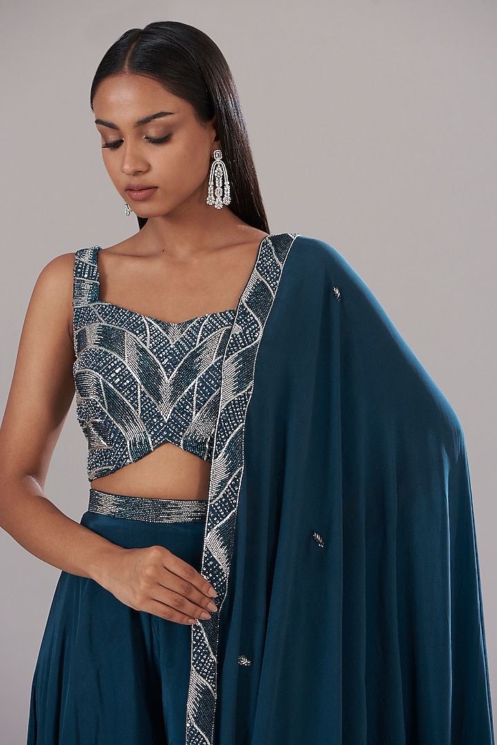 Teal Crepe Embellished Pant Saree Set by Disha Patil at Pernia's Pop Up ...