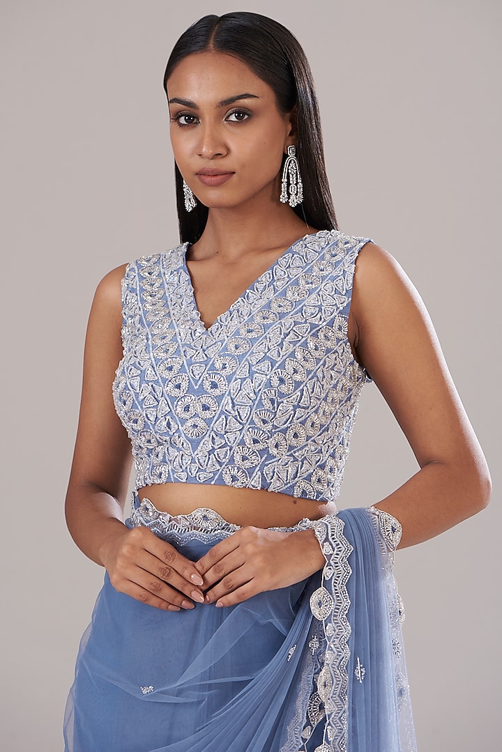 Blue Net Embellished Draped Saree Set Design by Disha Patil at Pernia's Pop Up Shop 2024