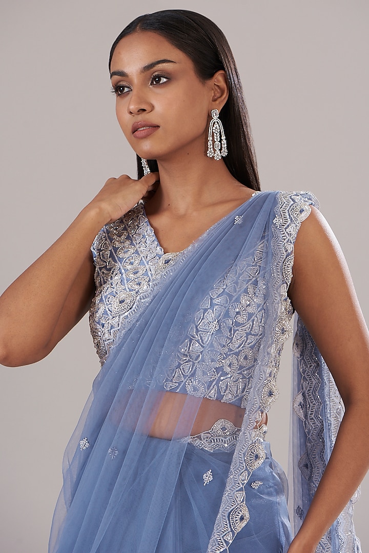 Blue Net Embellished Draped Saree Set Design by Disha Patil at Pernia's ...