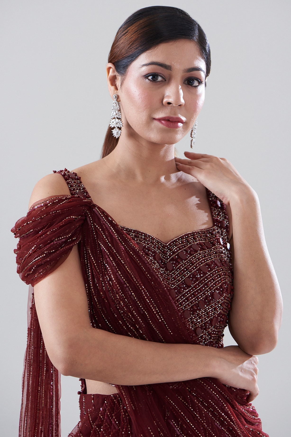 Red Net & Raw Silk Embroidered Draped Gown Saree Design by Disha Patil ...