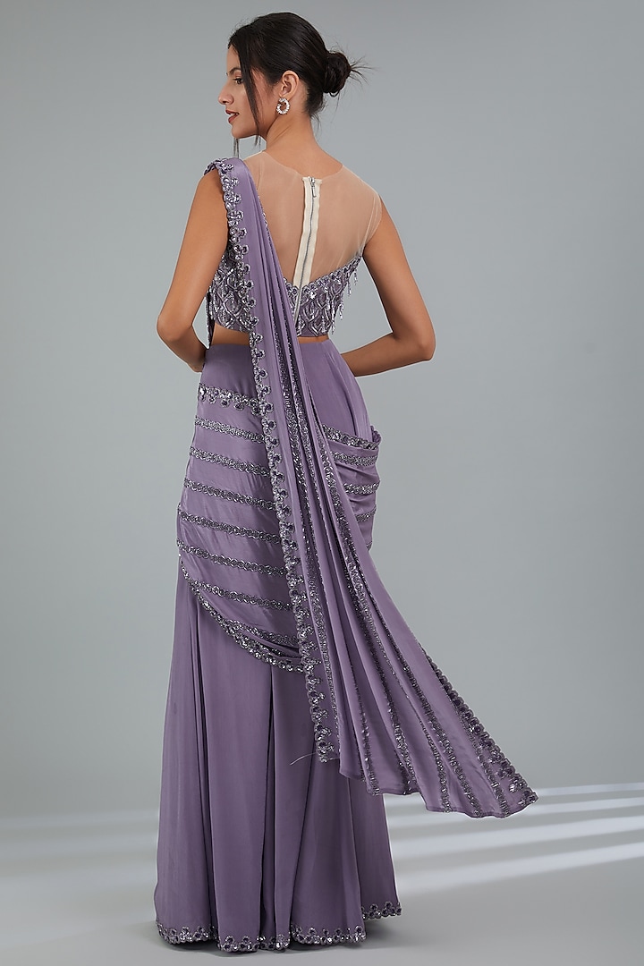 Lilac Crepe Hand Embroidered Fish-Cut Draped Saree Set by Disha Patil ...