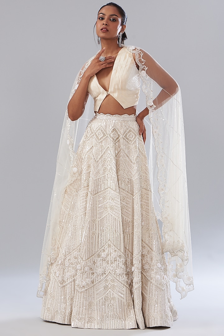 Ivory Raw Silk Hand Embellished Bridal Lehenga Set by Disha Patil at ...