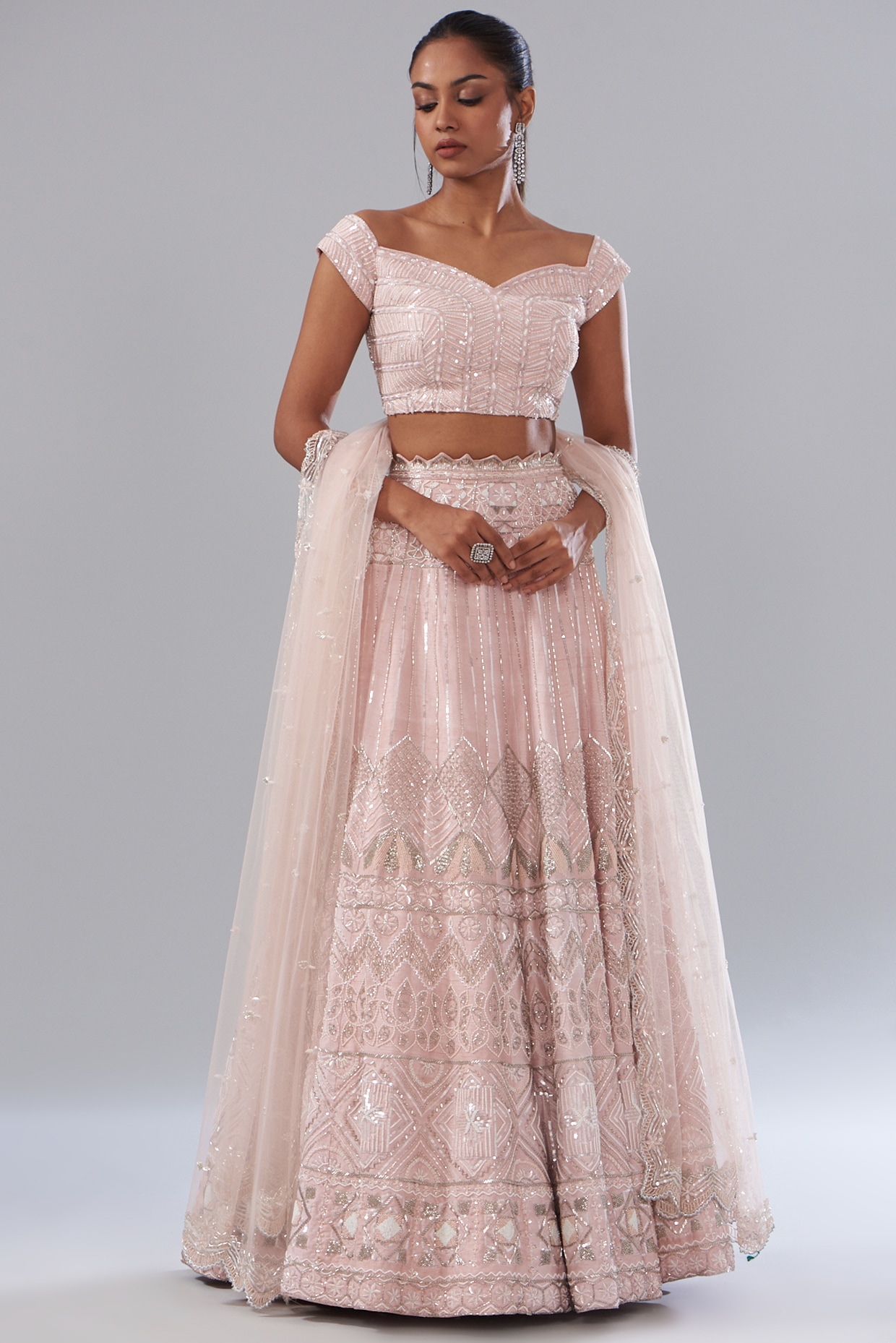 Blush Pink Raw Silk Hand Embellished Bridal Lehenga Set by Disha Patil ...