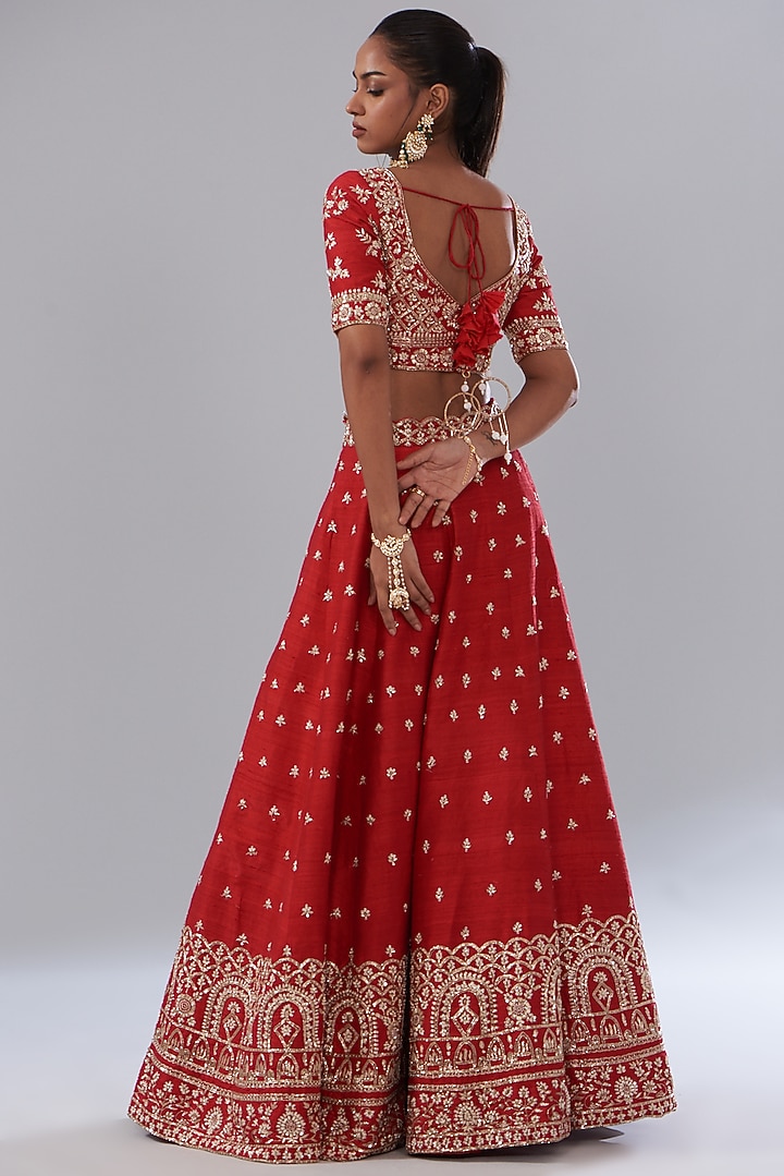 Cherry Red Raw Silk Hand Embellished Lehenga Set Design by Disha Patil ...