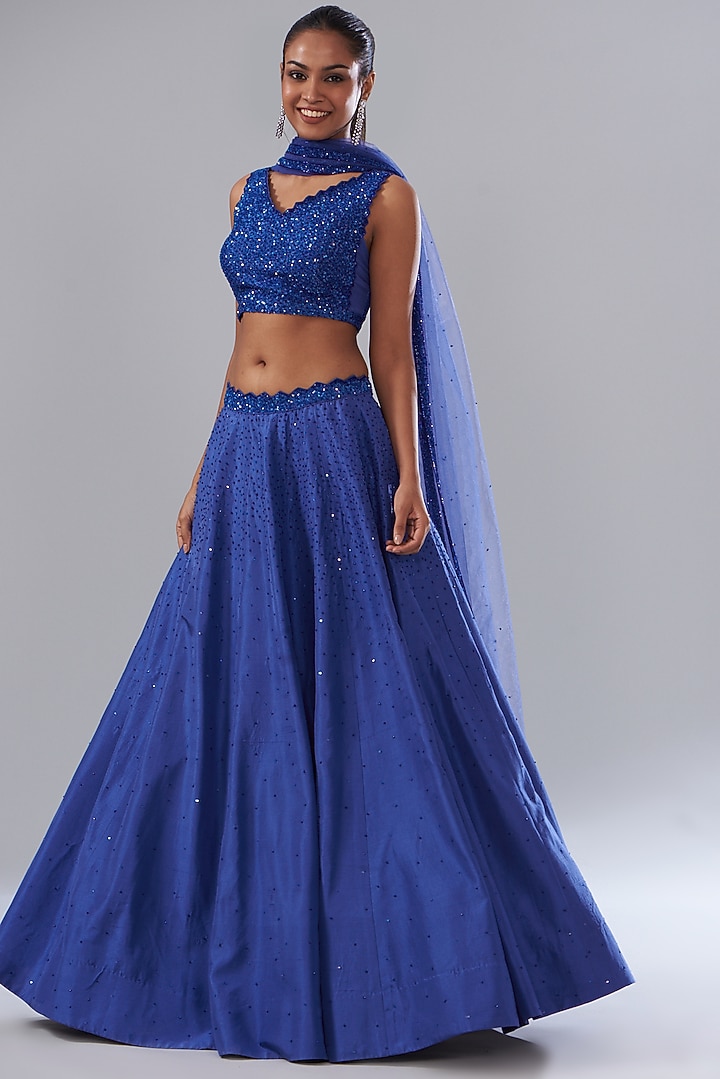 Blue Dupion Hand Embellished Lehenga Set Design by Disha Patil at ...