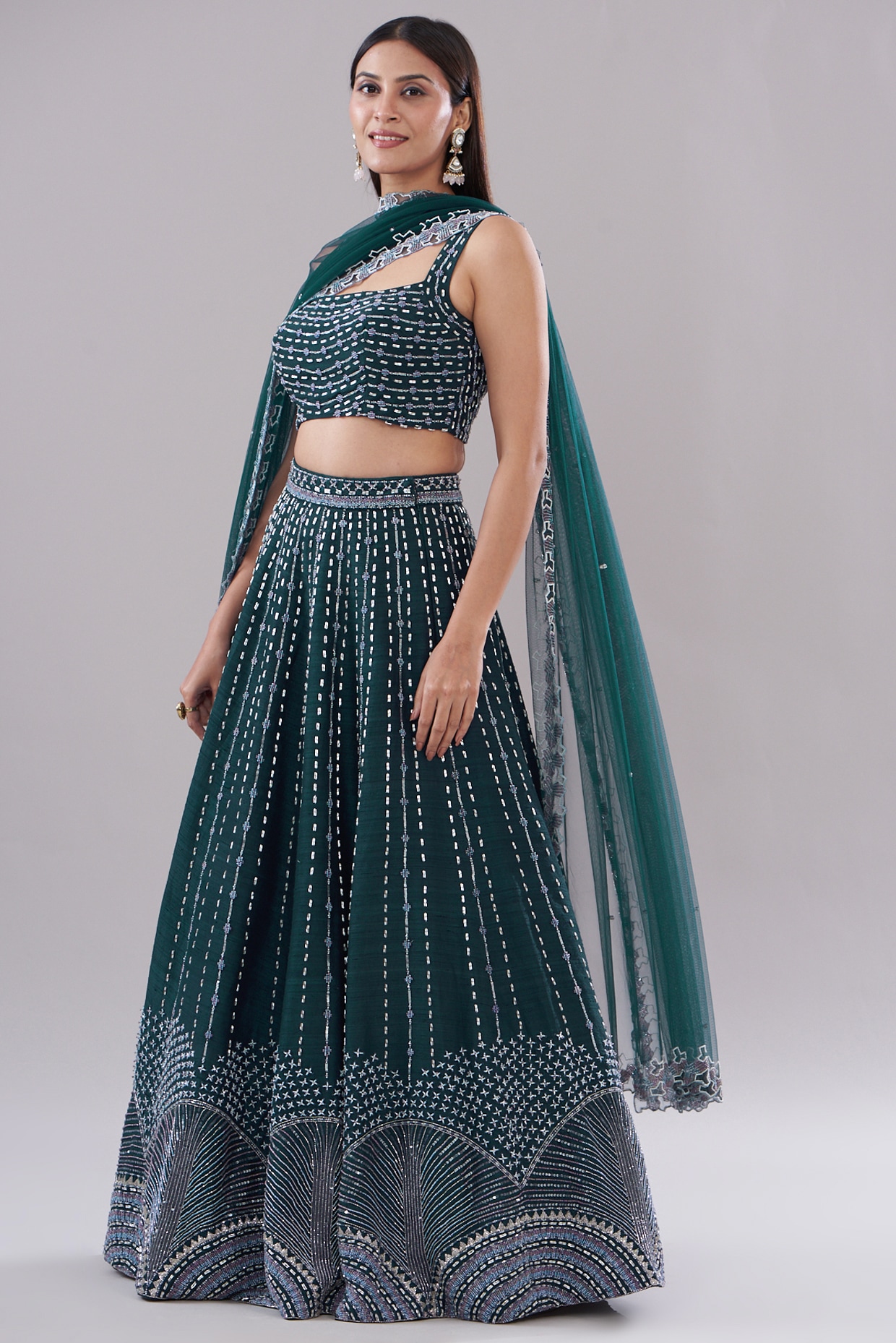 Green Raw Silk Hand Embroidered Bridal Lehenga Set by Disha Patil at ...