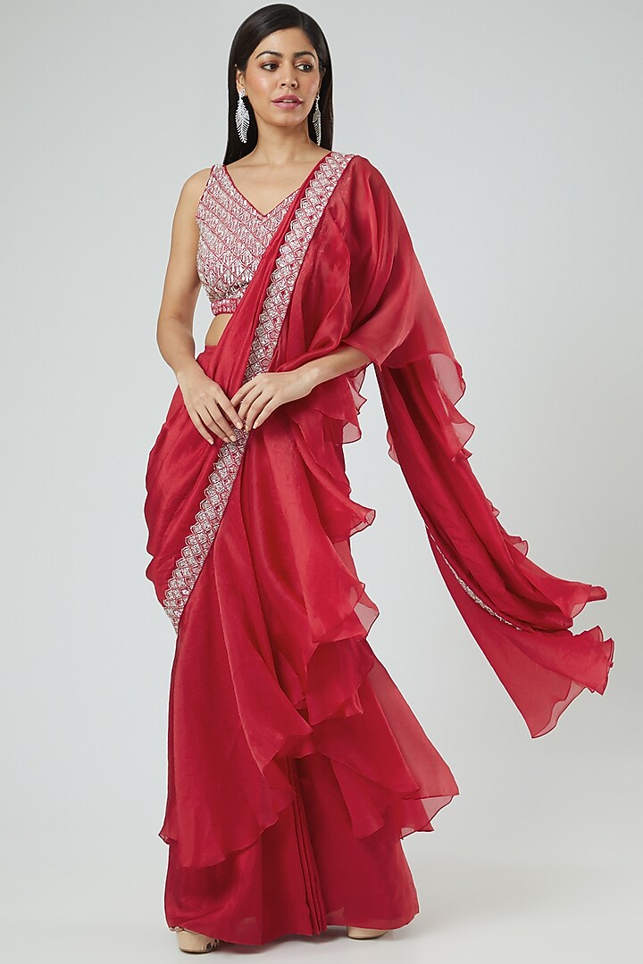 Cherry Red Dupion & Organza Sequins Embroidered Draped Saree Set by ...