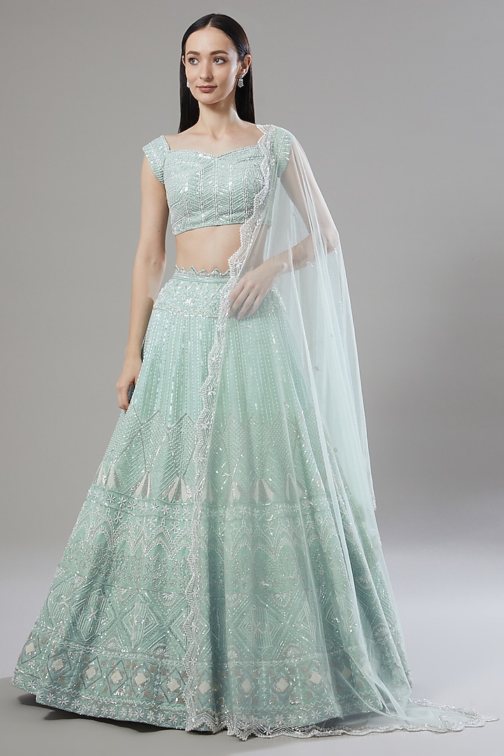 Mint Green Embroidered Lehenga Set Design By Disha Patil At Pernias