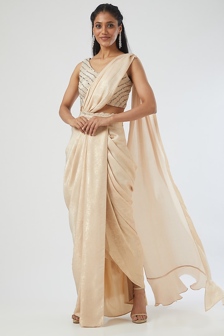 Champagne Gold Embroidered Draped Saree Set Design by Disha Patil at ...