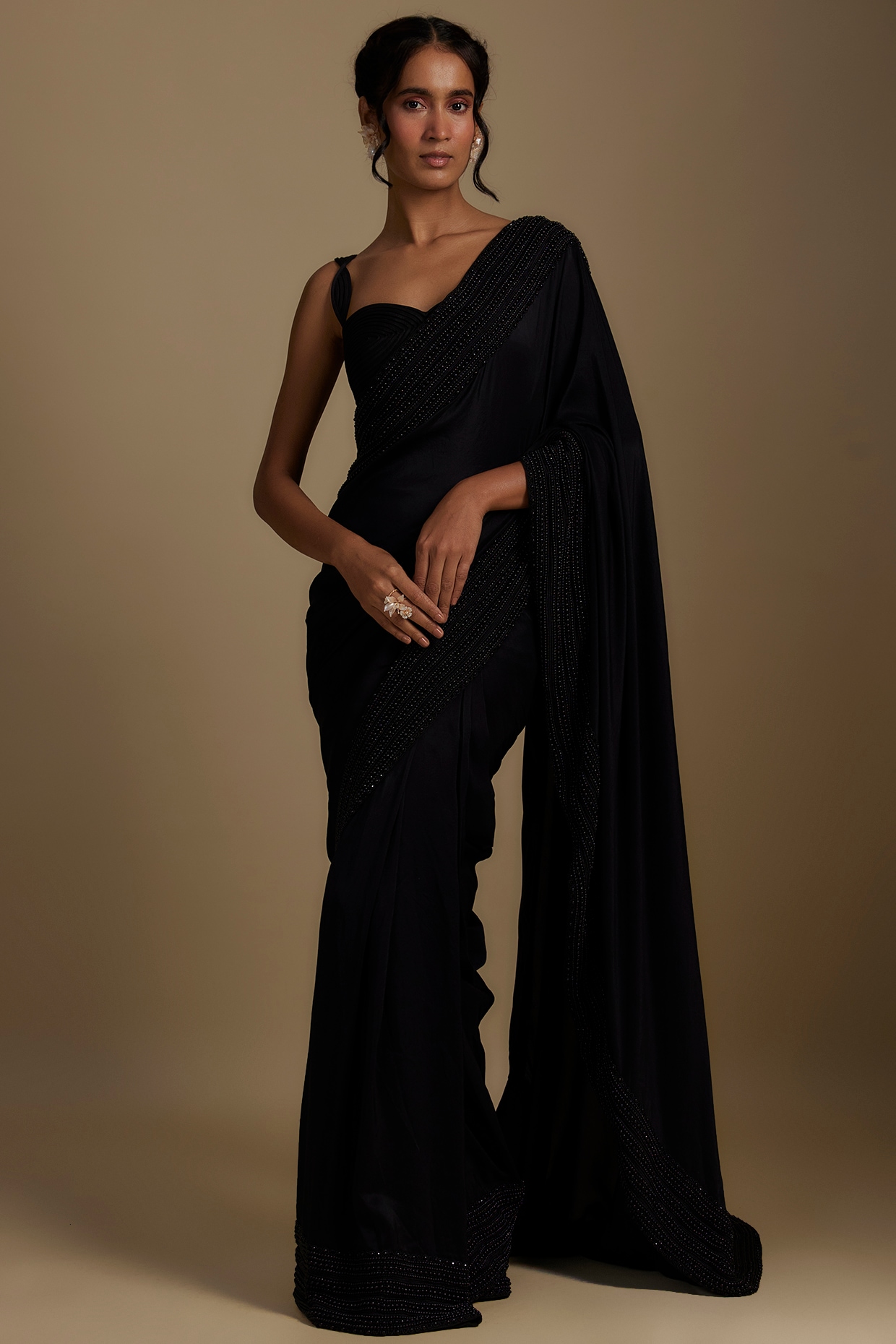 Black Silk Pre-Draped Saree Set by Disha Patil at Pernia's Pop Up Shop 2025
