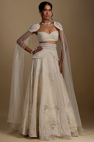 White Net & Organza Hand Embellished Bridal Lehenga Set by Disha Patil ...