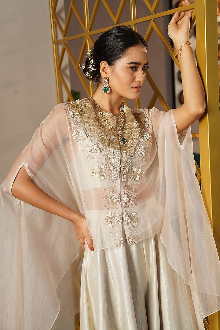 Beige Tissue Pearl Embellished Cape Set by Aditi Somani at Pernia's Pop ...