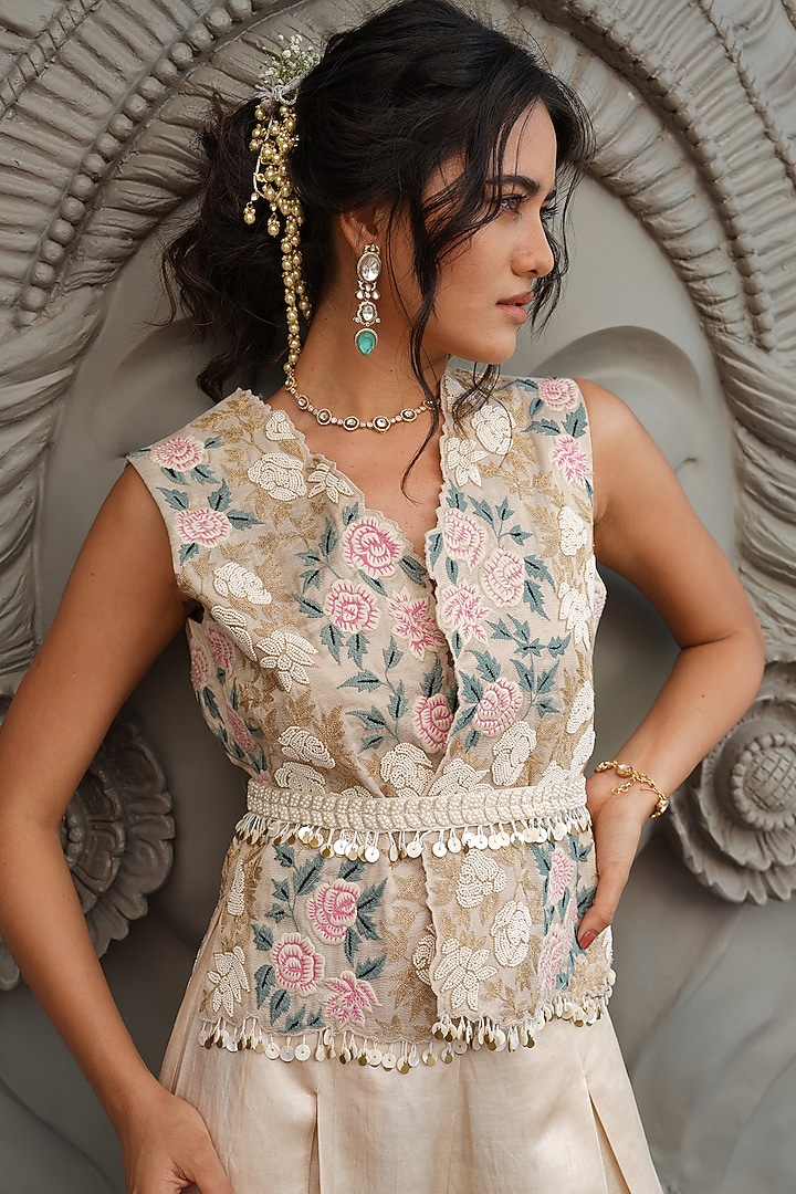 Rose Pink Tissue & Satin Linen Embroidered Jacket Set by Aditi Somani ...