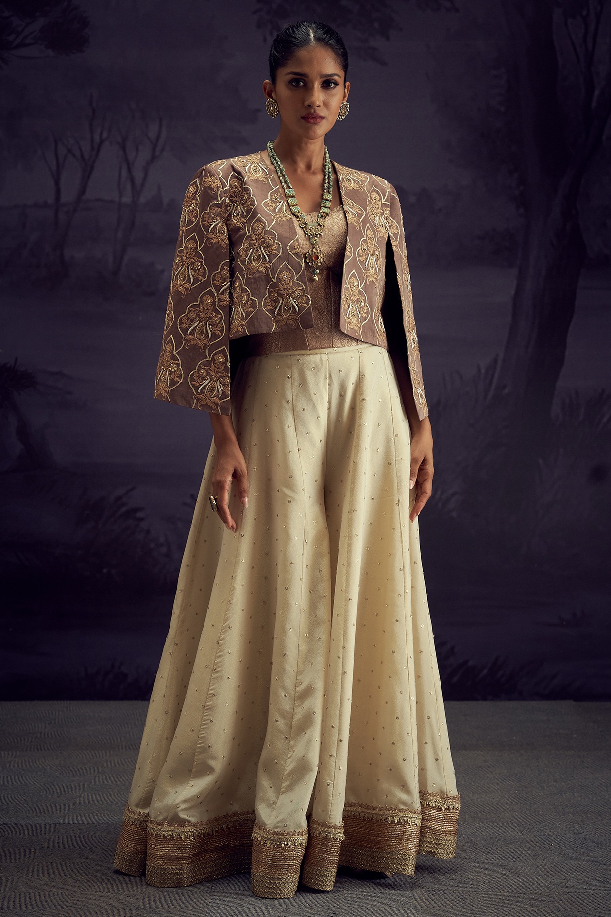 Grey Satin Linen Heavy Embroidered Jacket Set by Aditi Somani at Pernia ...
