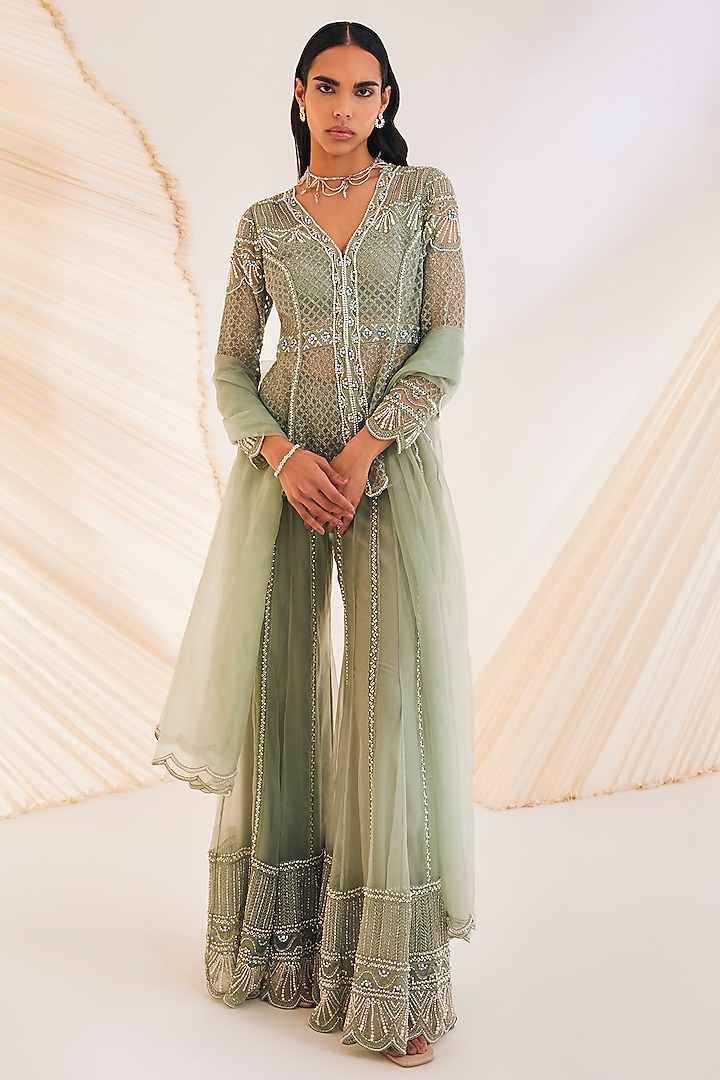 Sage Green Organza Hand Embellished Sharara Set Design by Divya ...