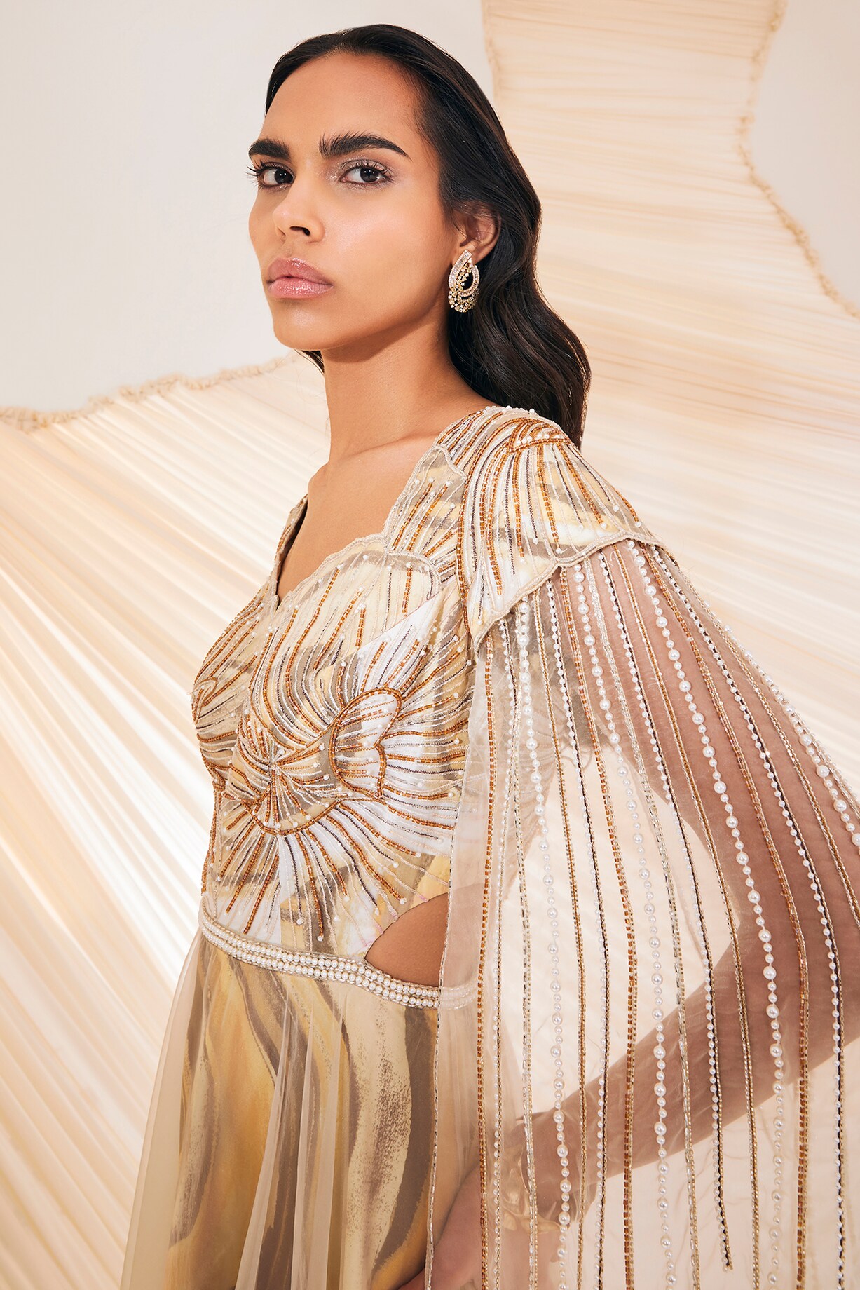 Mustard Organza Hand Embellished Gown Design by Divya Aggarwal at ...