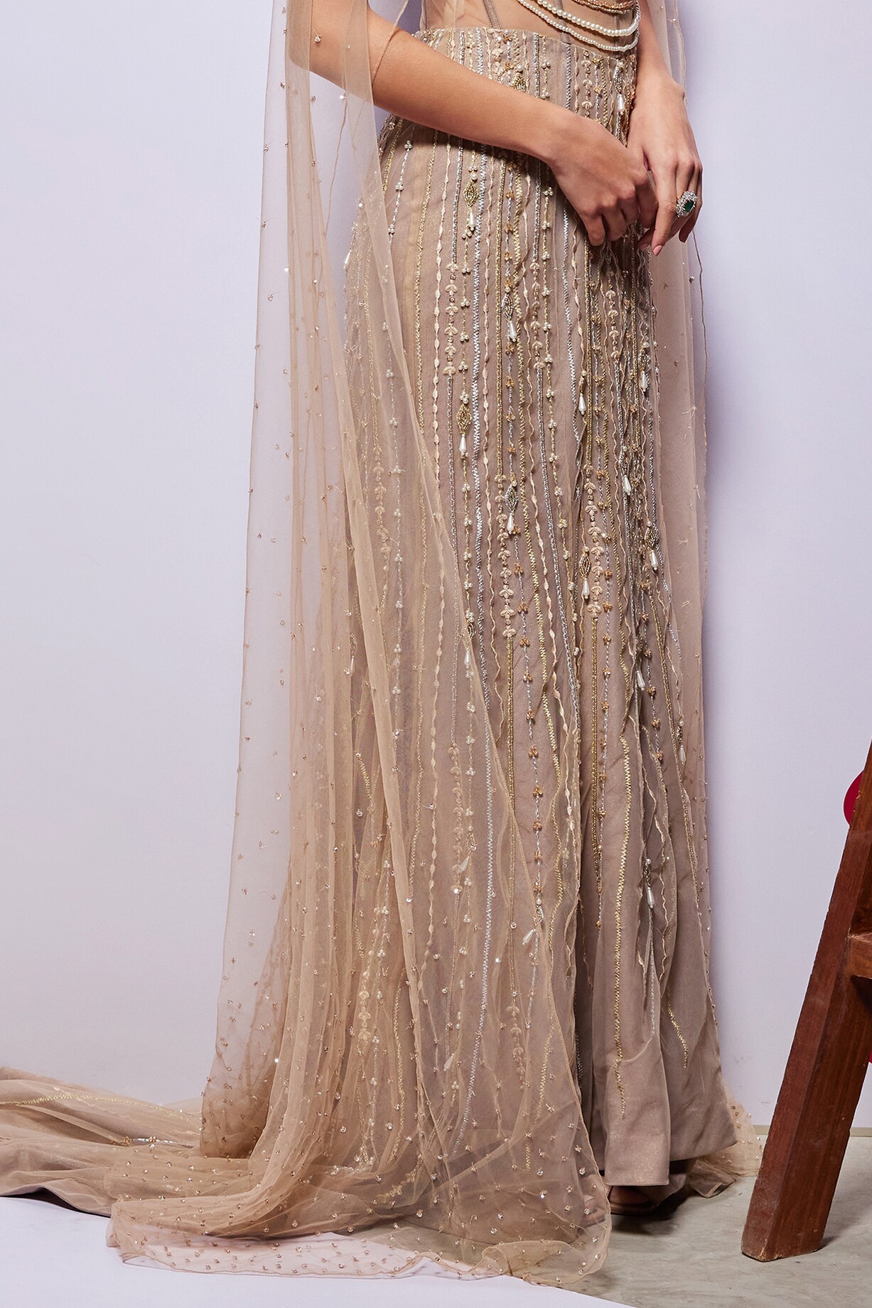 Beige Royal Georgette Foil Pearl Embellished Gown by Divya Aggarwal at ...