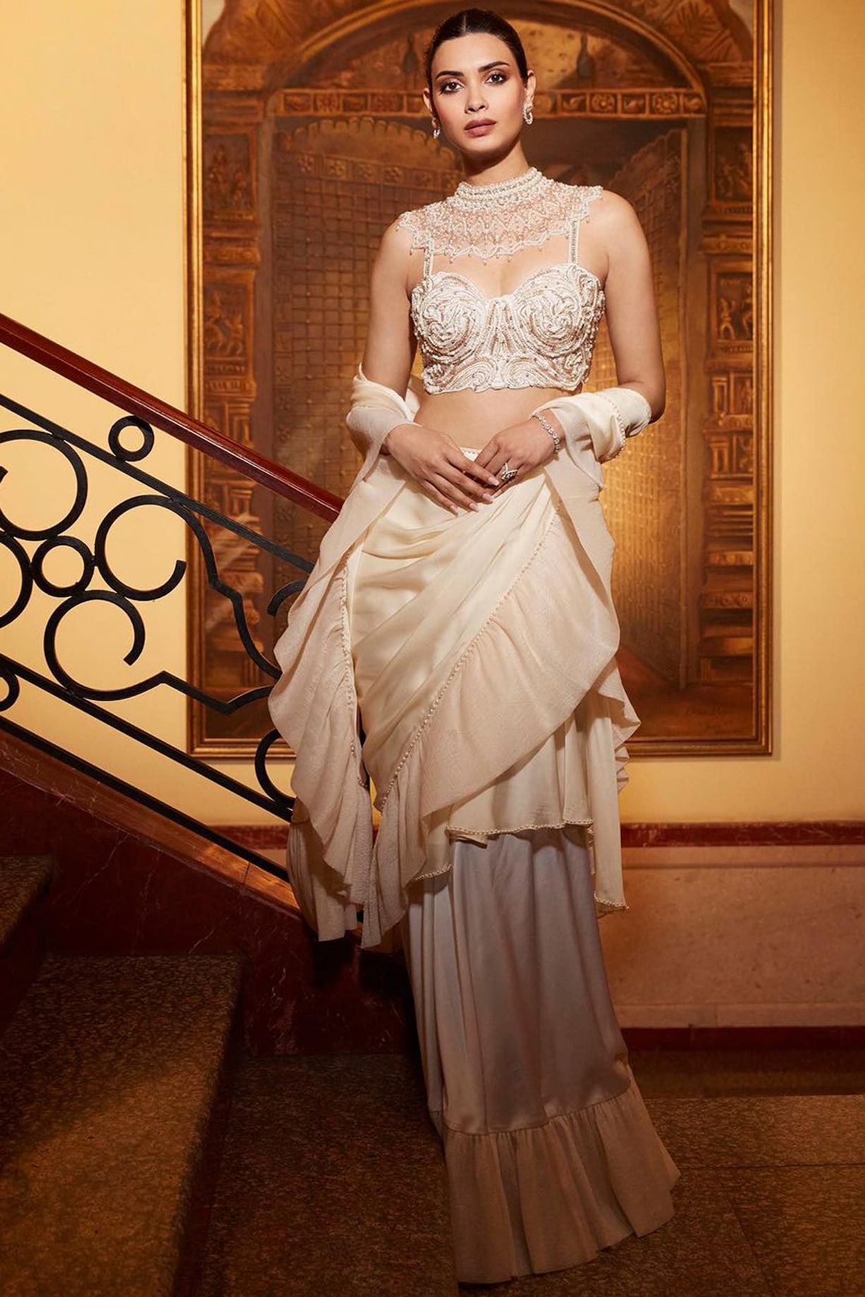 Ivory Chiffon Concept Ruffled Saree Set Design by Divya Aggarwal at ...