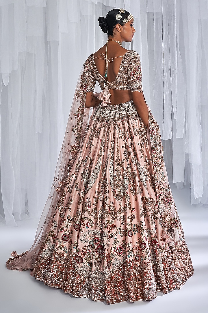 Champagne Pink Raw Silk Embroidered Lehenga Set Design by Dolly J at ...