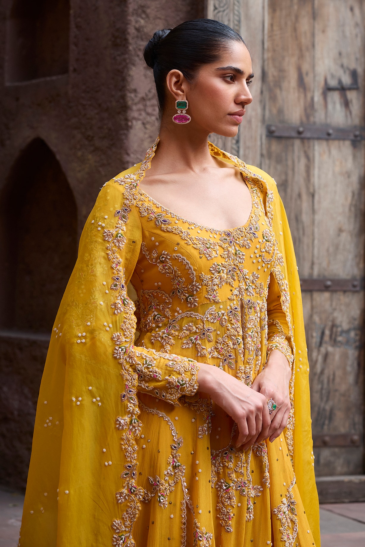 Yellow Chiffon Kamdani Anarkali Set by Dolly J at Pernia's Pop Up Shop 2025
