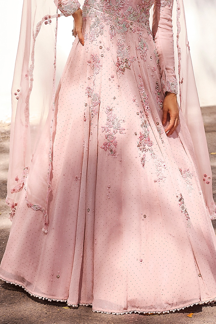 Pastel Pink Chiffon Thread Embroidered Kamdani Anarkali Set by Dolly J ...