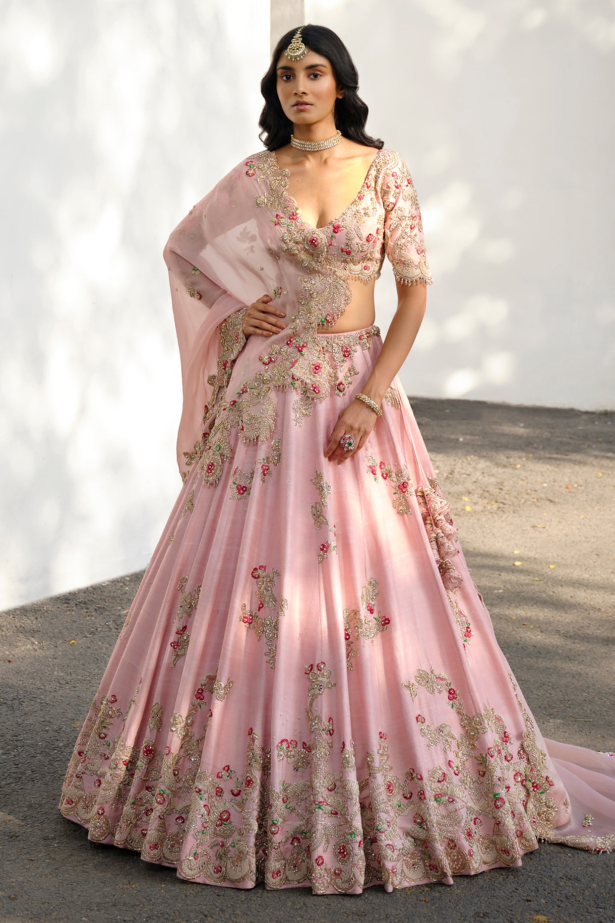 Soft Pink Raw Silk Pearl & Zardosi Embroidered Bridal Lehenga Set by ...