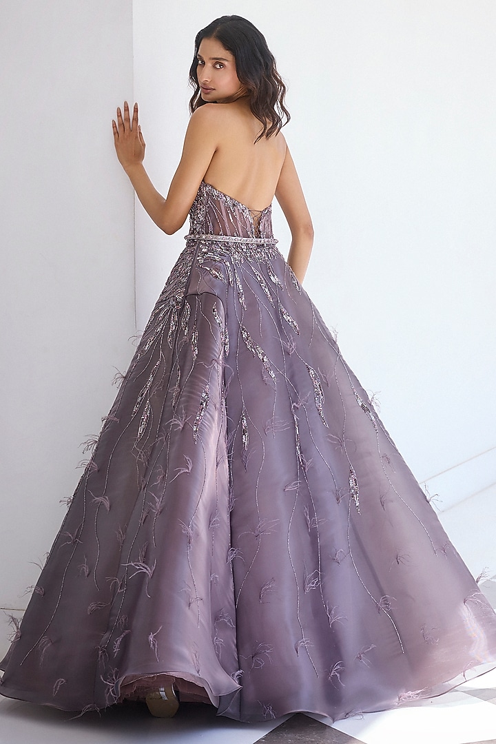 Mauvish Grey Organza & Net Sequins Embroidered Gown by Dolly J at ...