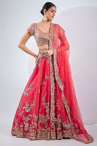 Red Raw Silk Kamdani Work Bridal Lehenga Set by Dolly J at Pernia's Pop ...