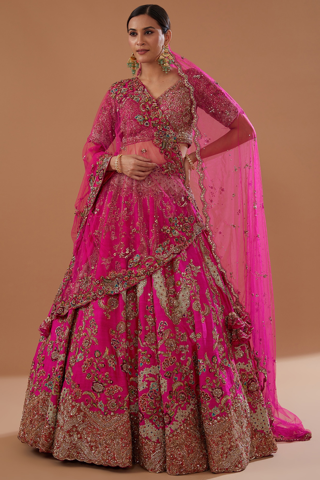 Fuchsia Pink Raw Silk Embroidered Bridal Lehenga Set by Dolly J at ...