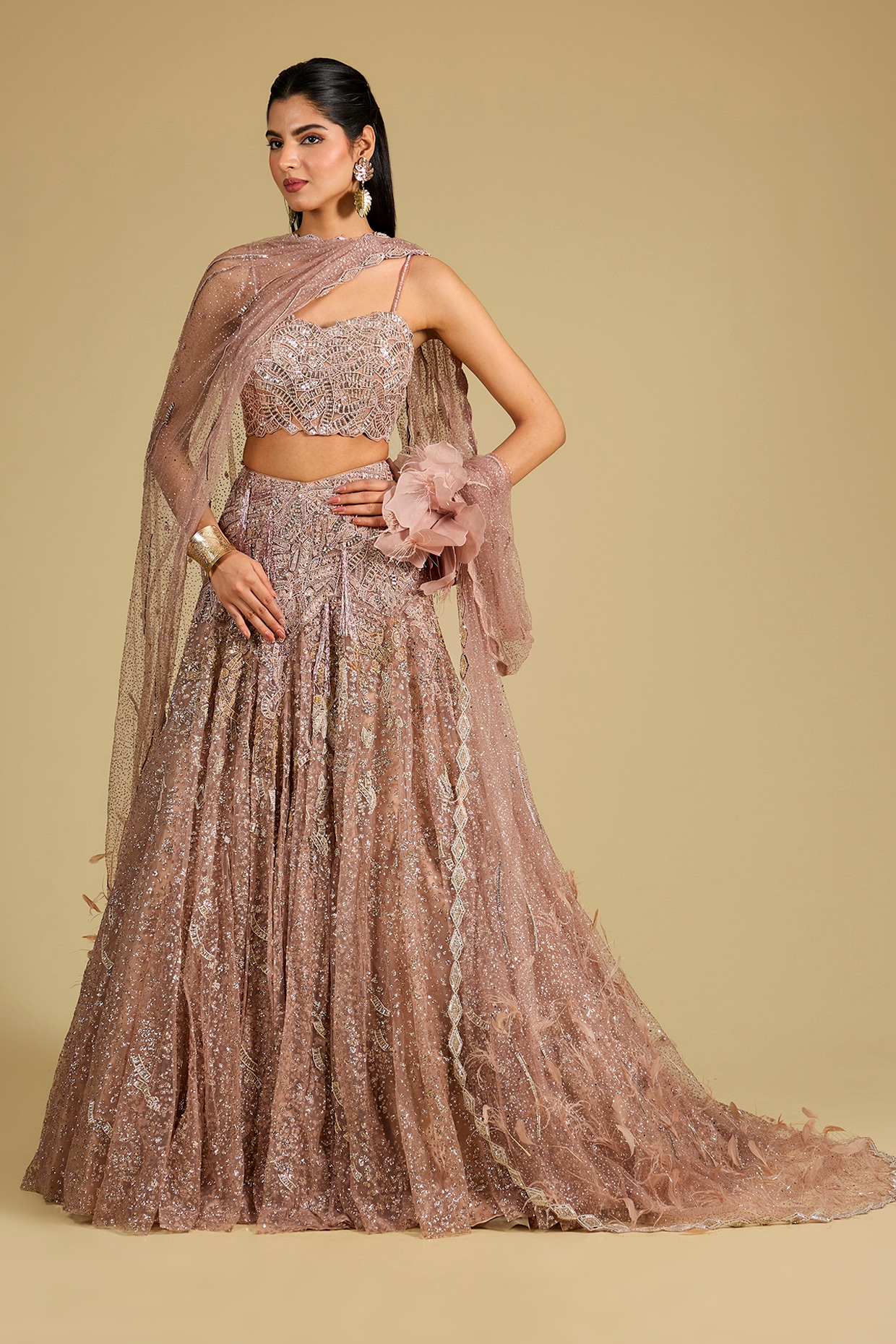 Champagne Shimmer Tulle Bead Hand Embroidered Bridal Lehenga Set by Dolly J at Pernia's Pop Up ...
