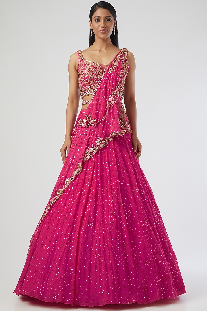 Fuchsia Chiffon Lehenga Set Design by Dolly J at Pernia's Pop Up Shop 2024