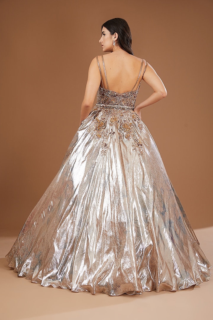 Bronze Lurex Embellished Gown by Dolly J at Pernia's Pop Up Shop 2025