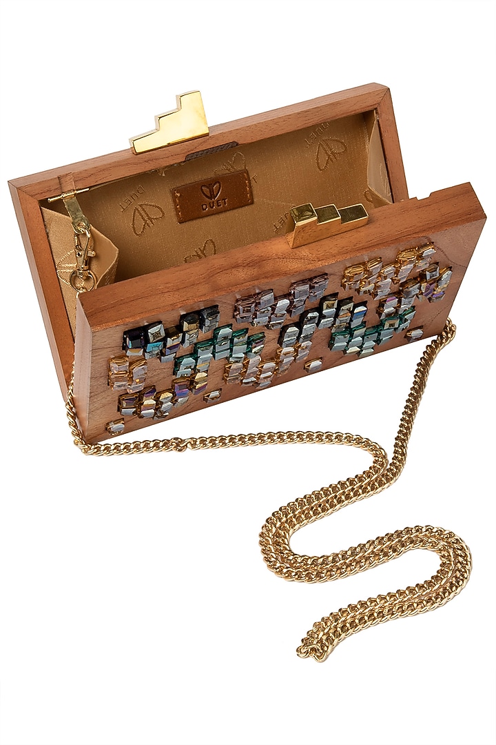 Multi-colour geometric swarovski crystal cubes and wooden clutch ...