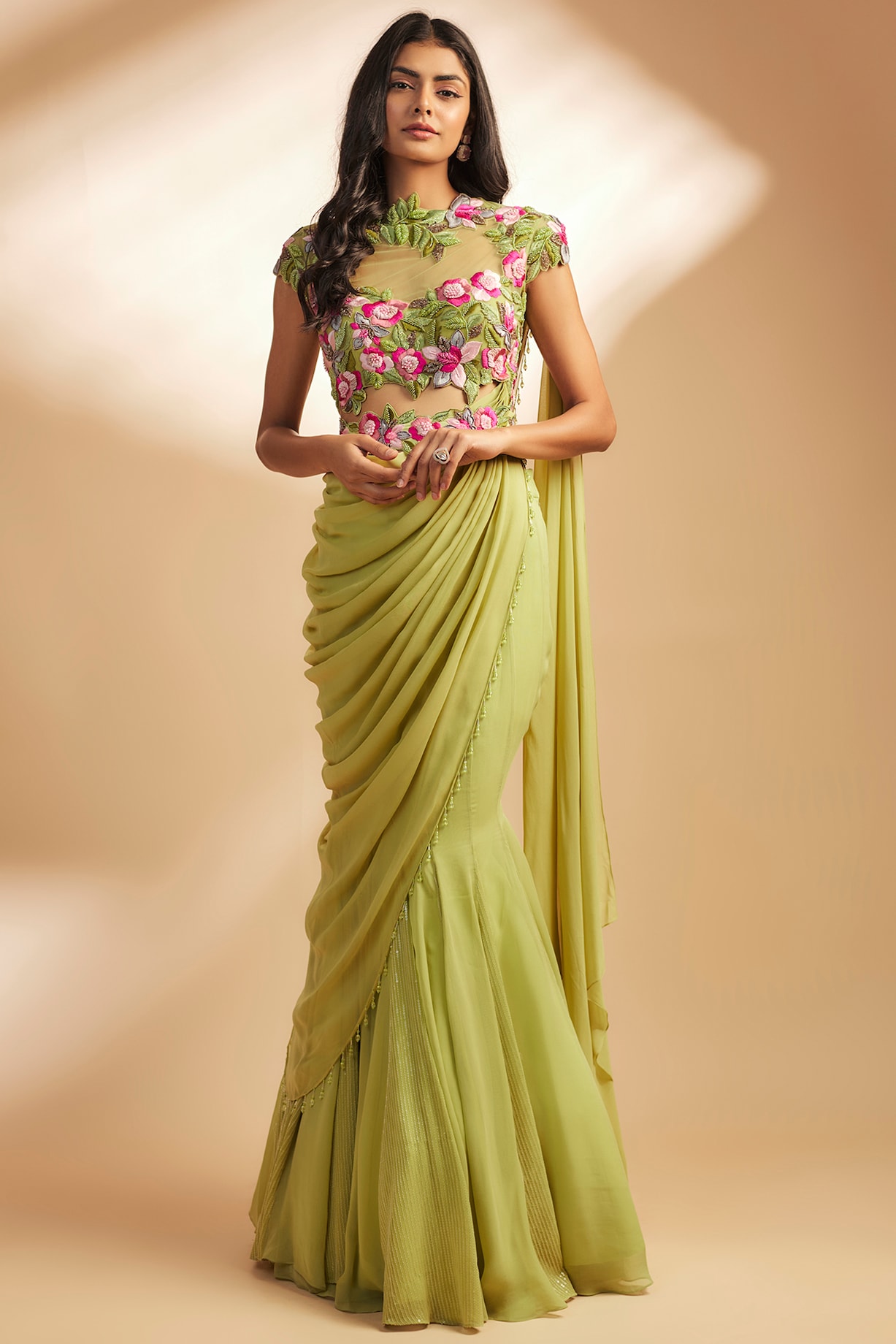 Green Georgette & Net Fish Cut Godet Skirt Saree Set by Dinesh Malkani ...